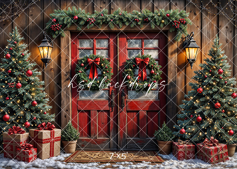 Rustic Holiday Welcome Christmas Barn Doors Photography Backdrop – HSD Photography Backdrops