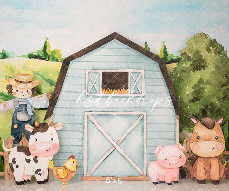 Blue Barnyard Backdrop for Farm Animal Theme Birthday Cake Smash Photo – HSD Photography Backdrops