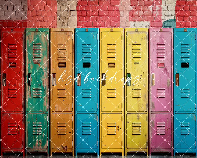 Colorful Vintage School Lockers Back to School Photo Backdrop