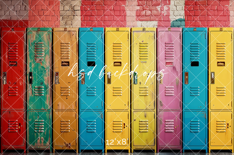 Colorful Vintage School Lockers Back to School Photo Backdrop
