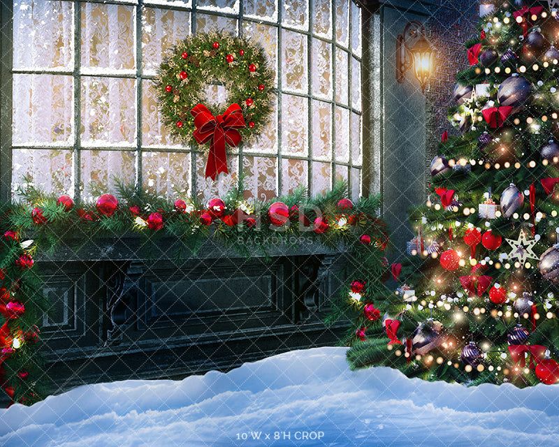 Christmas window backdrop with snowy winter scene for photoshoot