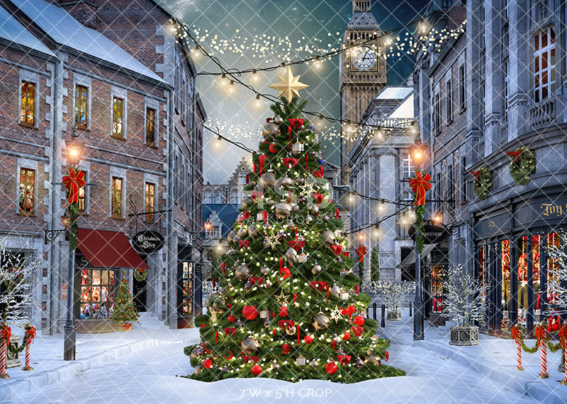 Christmas village photo backdrop with Christmas tree