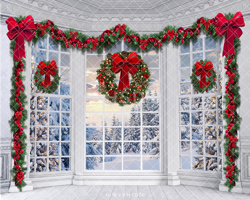 Christmas Window Backdrop With View Of Snowy Winter Forest