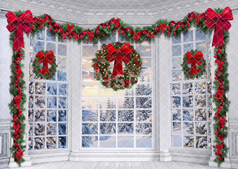 Christmas window backdrop with view of snowy winter forest