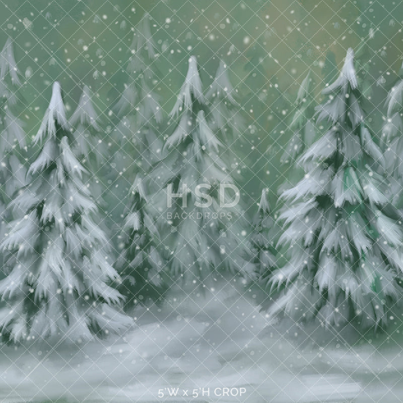 Winter forest backdrop with snowy forest trees in winter wonderland