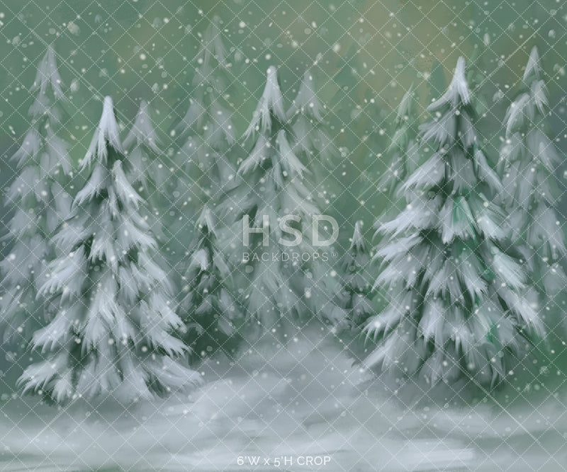 Winter forest backdrop with snowy forest trees in winter wonderland
