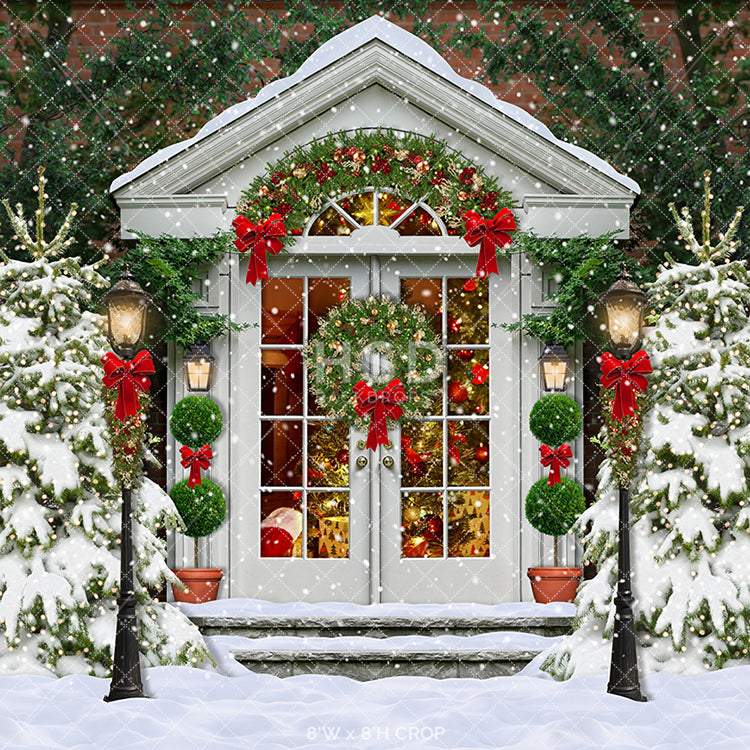 Christmas Door Backdrop. Christmas Scene Photo Backdrops with Snow