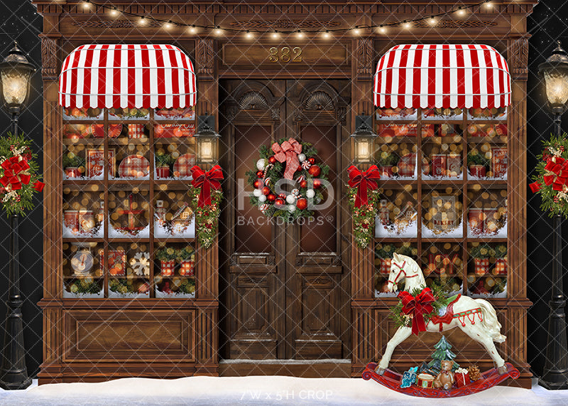 Christmas Village Backdrop with Christmas Toy Shop and Snowy Scene