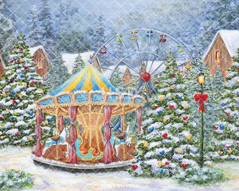 Christmas Village backdrop with carnival theme and winter mountains