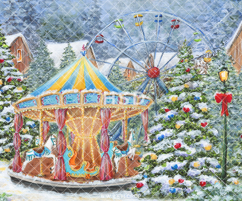 Christmas Village backdrop with carnival theme and winter mountains