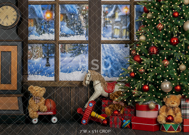 Christmas Tree Photo Backdrop with Window and Winter Village Scene