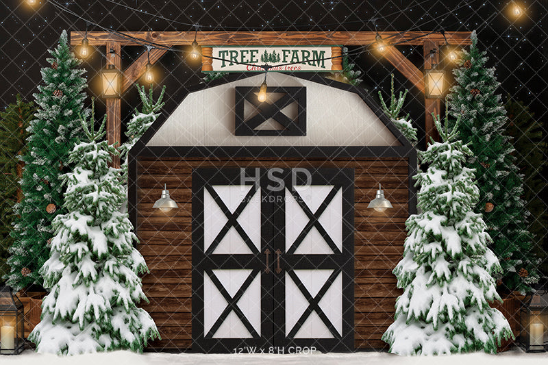 Christmas Tree Farm Backdrop with Barn and Winter Scene
