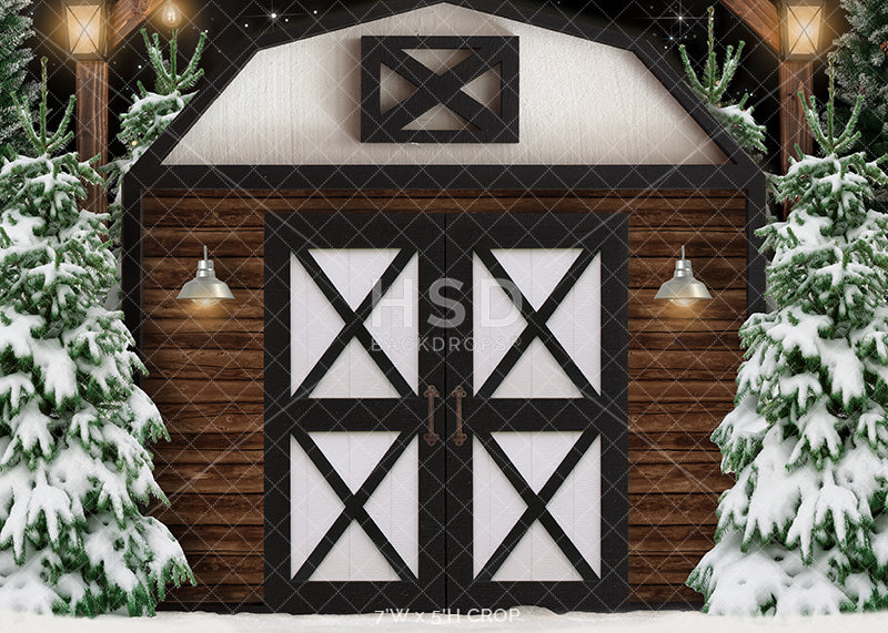 Christmas Tree Farm Backdrop with Barn and Winter Scene