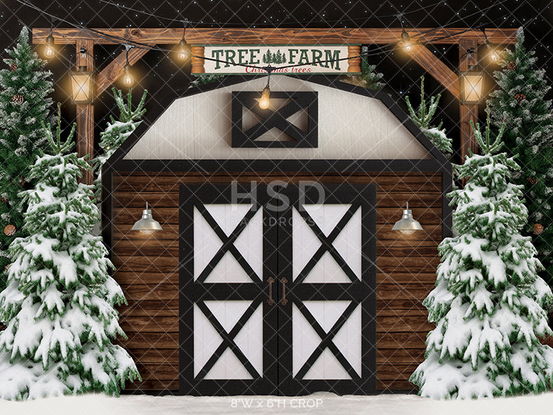 Christmas Tree Farm Backdrop with Barn and Winter Scene