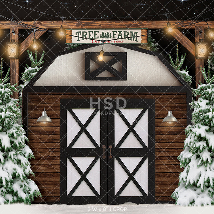 Christmas Tree Farm Backdrop with Barn and Winter Scene