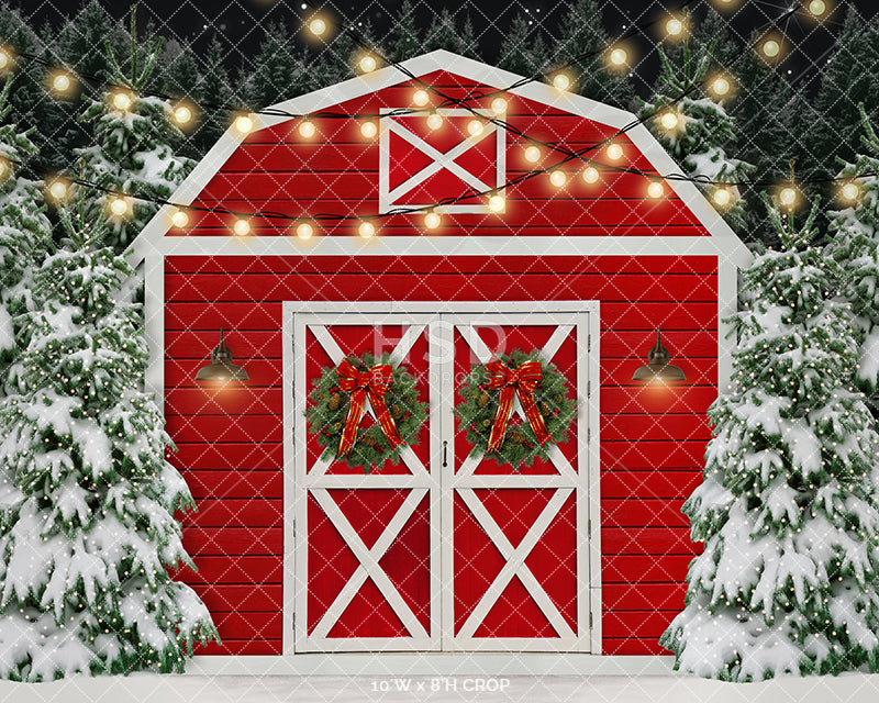 Red Barn Christmas Tree Farm Backdrop with Winter Scene