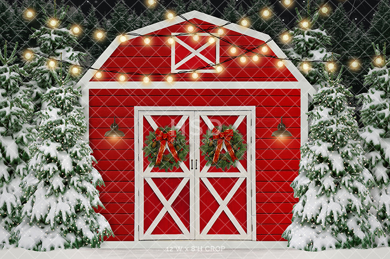 Red Barn Christmas Tree Farm Backdrop with Winter Scene