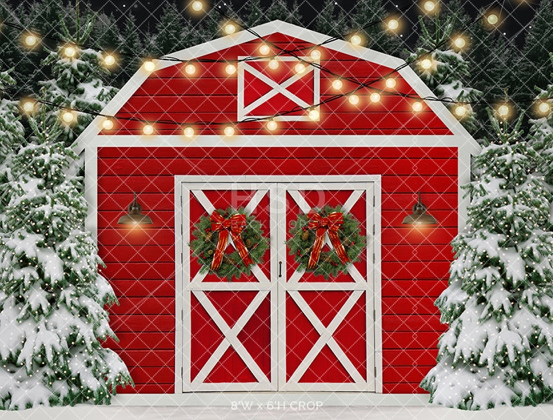 Red Barn Christmas Tree Farm Backdrop with Winter Scene
