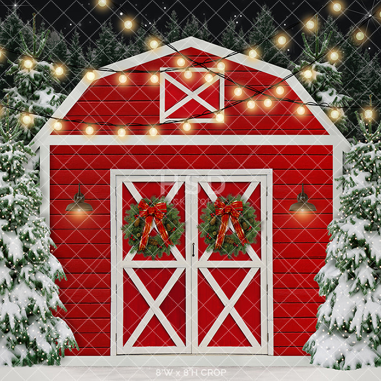 Red Barn Christmas Tree Farm Backdrop with Winter Scene