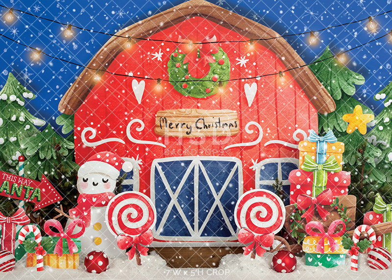 Red Christmas Tree Farm Barn Photo Backdrop for Studio Portraits