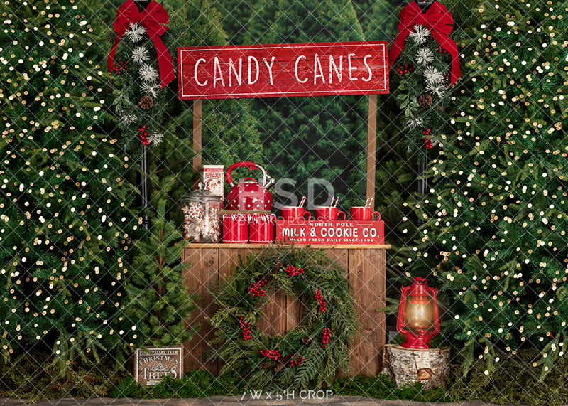 Candy Canes and Hot Cocoa Stand Christmas Tree Farm Backdrop
