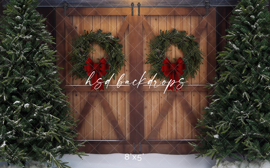 Rustic Christmas Barn Doors Photo Backdrop for Tree Farm Portraits