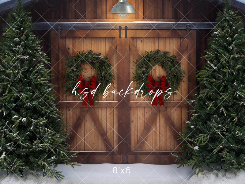 Rustic Christmas Barn Doors Photo Backdrop for Tree Farm Portraits