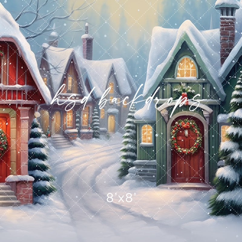 Snowy Winter Christmas Cottage Door Backdrop for Photography
