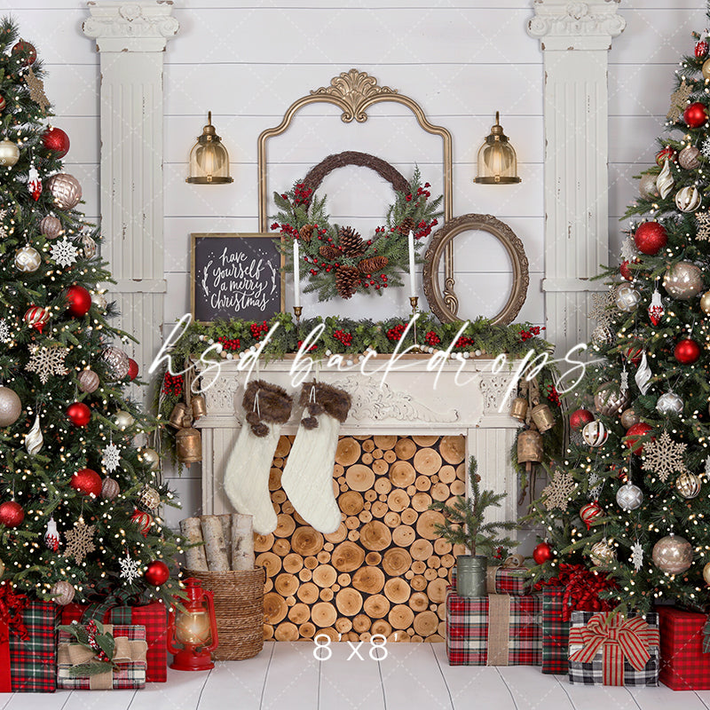 Antique Farmhouse Christmas Fireplace Photo Backdrop for Pictures