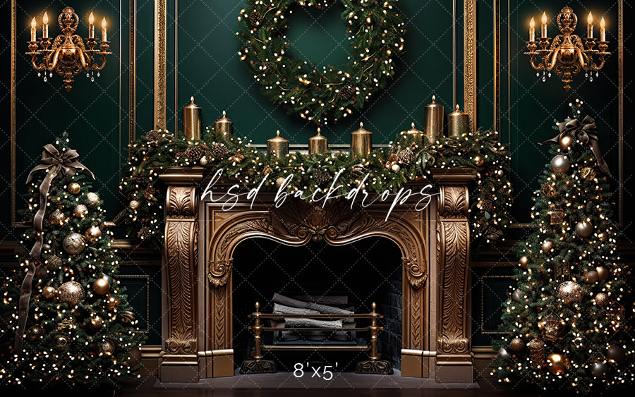 Emerald Green Elegant Christmas Fireplace Photo Backdrop for Pictures