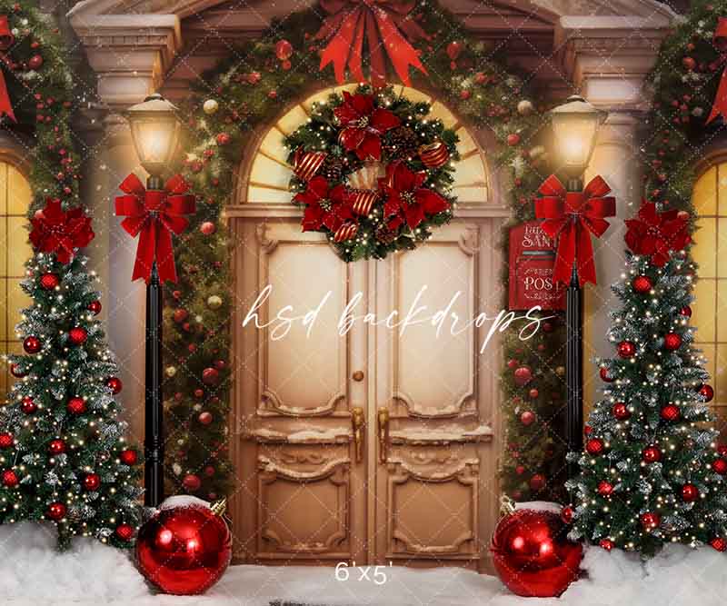 Christmas Door Backdrop with Christmas Trees for Studio Portraits