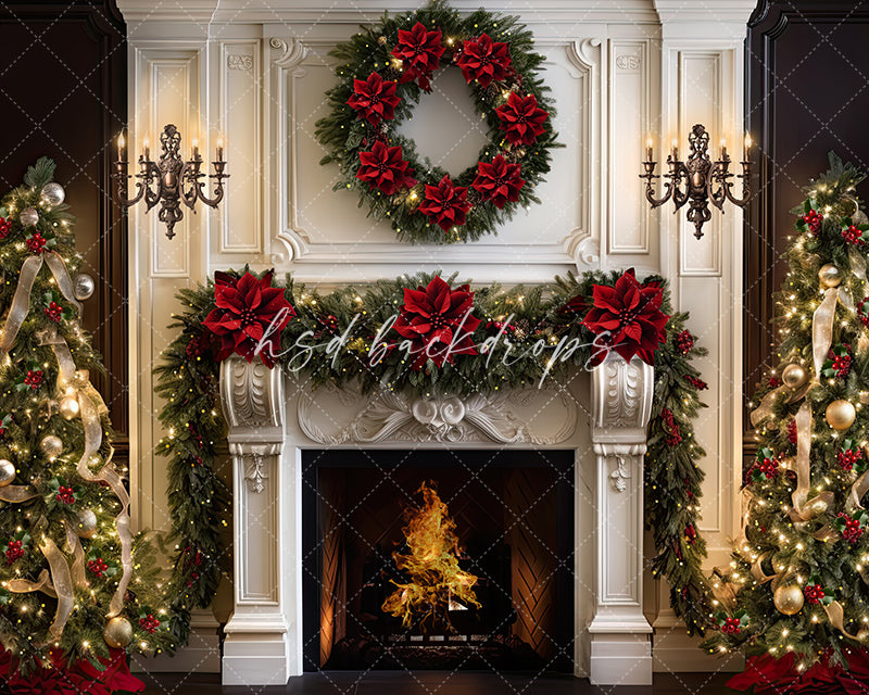 Elegant Christmas Fireplace Photo Backdrop for Photoshoot