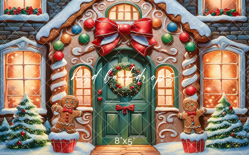 Frosted Gingerbread House Christmas Portrait Backdrop