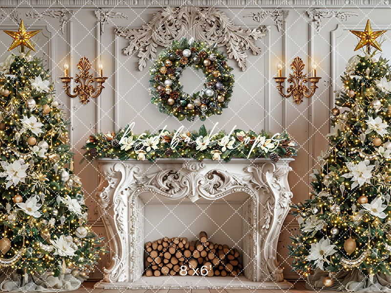 Elegant White Christmas Fireplace Photography Backdrop