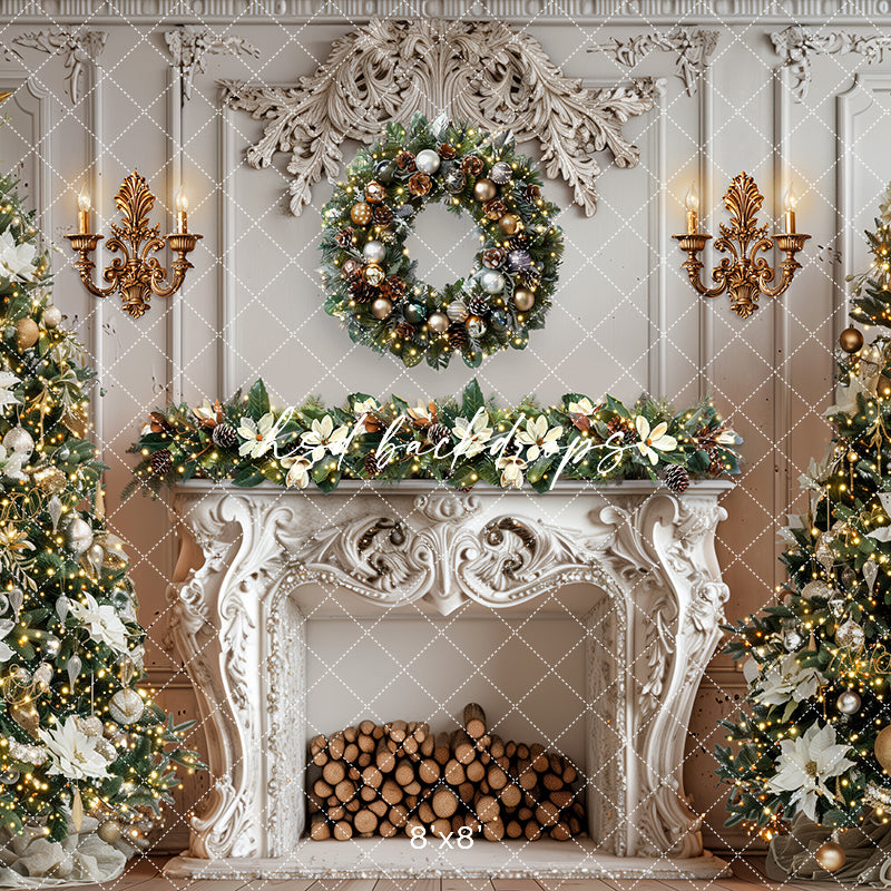 Elegant White Christmas Fireplace Photography Backdrop