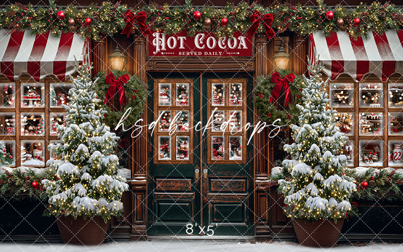 Hot Cocoa Store Front Christmas Backdrop for Holiday Studio Photoshoot