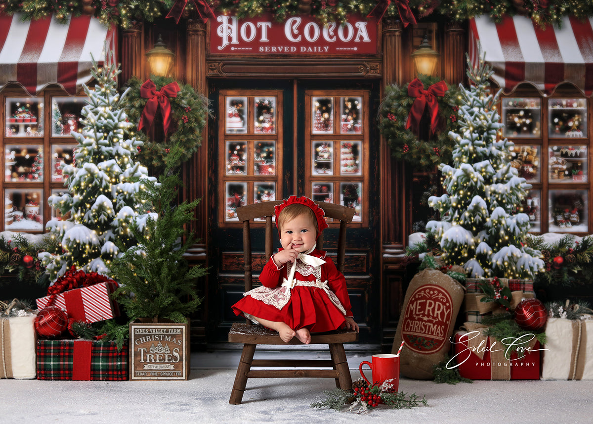 Hot Cocoa Store Front Christmas Backdrop for Holiday Studio Photoshoot – HSD Photography Backdrops