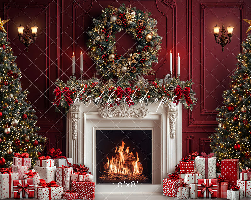 Red & White Christmas Fireplace Photo Backdrop for Photography – HSD ...