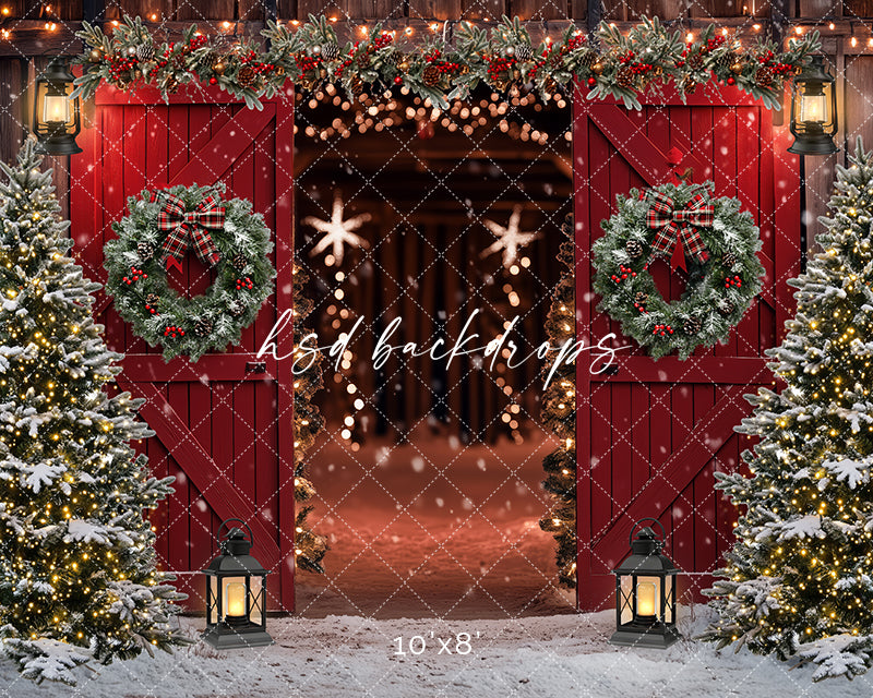 Red Christmas Barn Doors Photo Backdrop & Scene Setter
