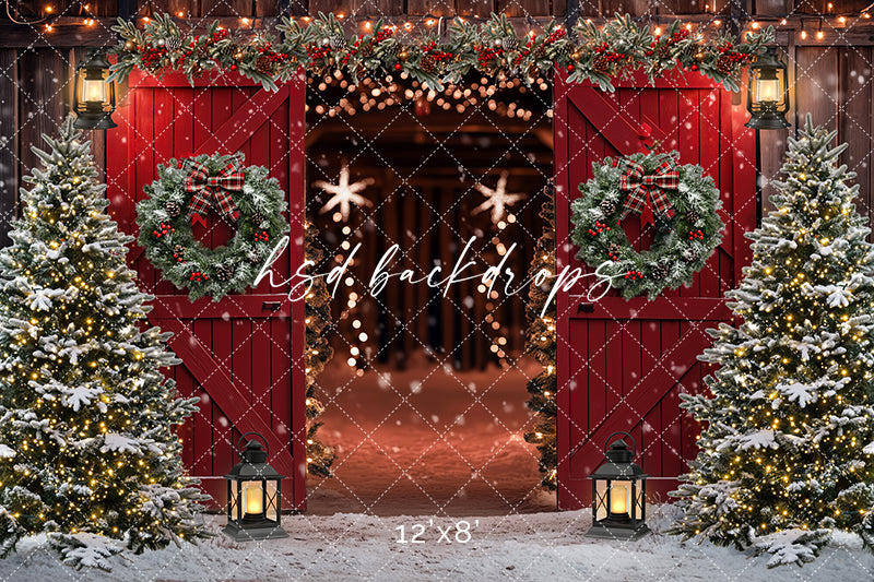 Red Christmas Barn Doors Photo Backdrop & Scene Setter
