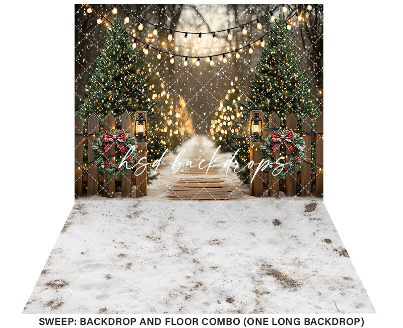 Christmas Tree Farm Pathway Photo Backdrop in poly paper and fabric
