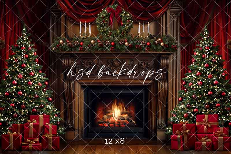 Grand Christmas Fireplace Photo Backdrop | Poly paper, fabric, fleece