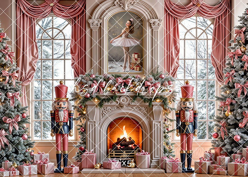 Nutcracker's Fireplace Waltz Pink Nutcracker Ballet Christmas Backdrop ...