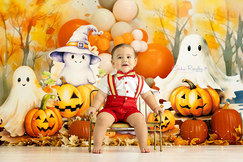 Cute Halloween Photo Backdrop with Pumpkins and Ghosts for Cake Smash