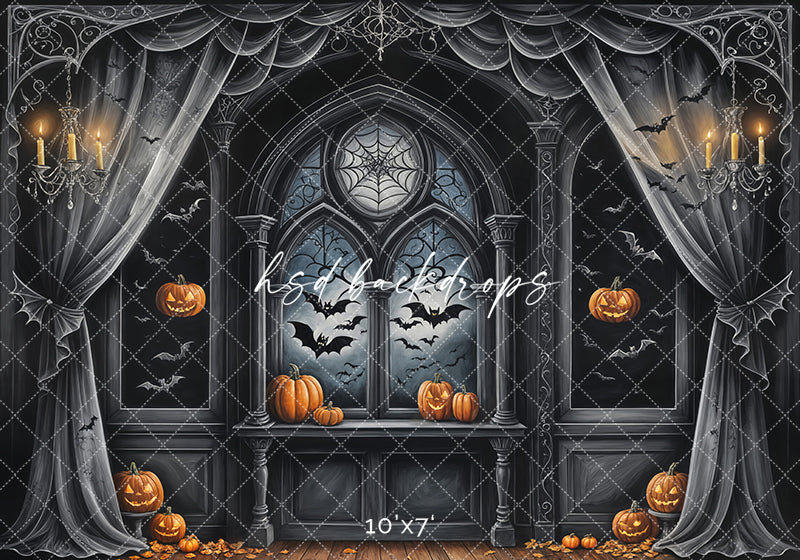 Gothic Window with Curtains Halloween Backdrop for Photography