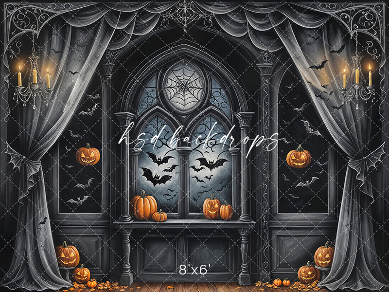 Gothic Window with Curtains Halloween Backdrop for Photography