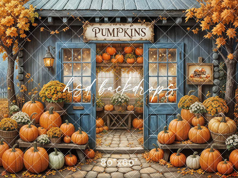 Blue Pumpkin Patch Barn fall photo backdrop