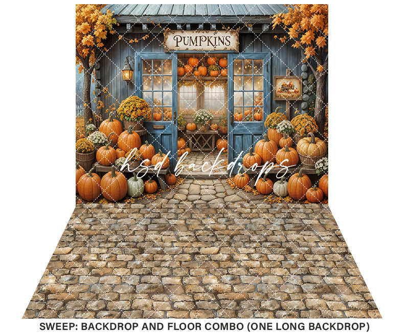 Blue Pumpkin Patch Barn fall photo backdrop