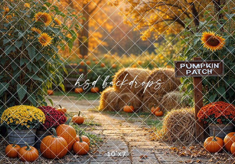 Pumpkin Patch Backdrop – Fall Photo Background with Sunflowers & Hay ...