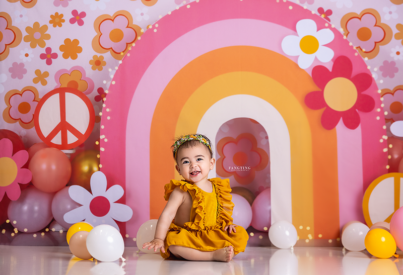 Groovy One Backdrop | Rainbow Flower Power Hippie Photo Background ...